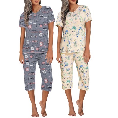 Ekouaer 2 Pack Women's Pajamas Short Sleeve Sleepwear Tops and Capri ...
