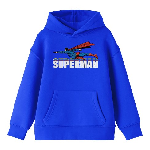 Superman Hero Flying Above Text Long Sleeve Royal Blue Boy's Hoodie ...