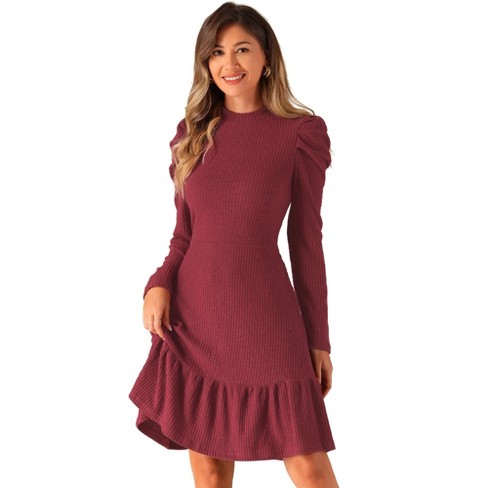 Allegra K Women's Crew Neck Stretchy Puff Long Sleeve Ruffle Knit ...