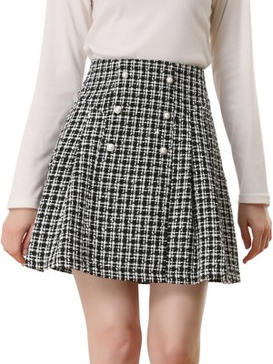 Allegra K Women's Plaid Tweed Elegant High Waist A-line Button Front ...