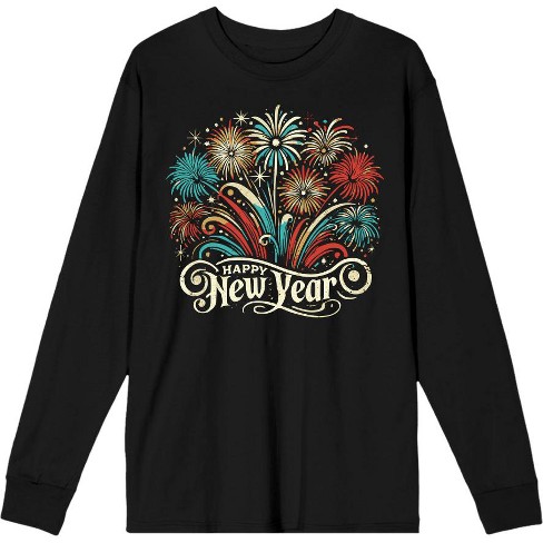 Happy New Year Vector Fireworks Adult Black Crew Neck Long Sleeve Shirt ...