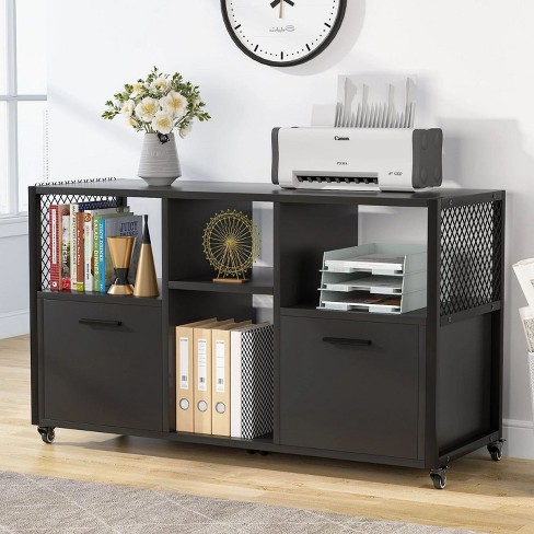 Hommoo 2 Drawer File Cabinet, Wood Mobile Lateral Filing Cabinet Black ...