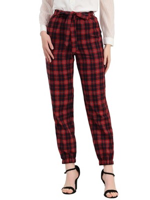 Allegra K Women's Plaid Elastic Waist Casual Work Office Long Trousers ...