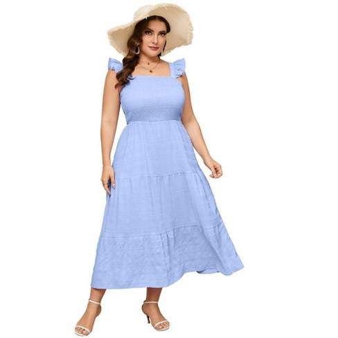 Women Plus Size Sleeveless Maxi Dress Smocked High Waist Tiered Ruffle ...