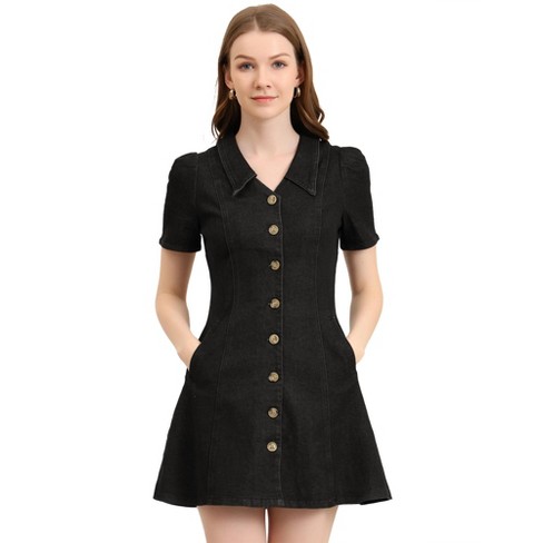 Allegra K Women's Button Up Collared Short Sleeve Washed Jean Demin ...