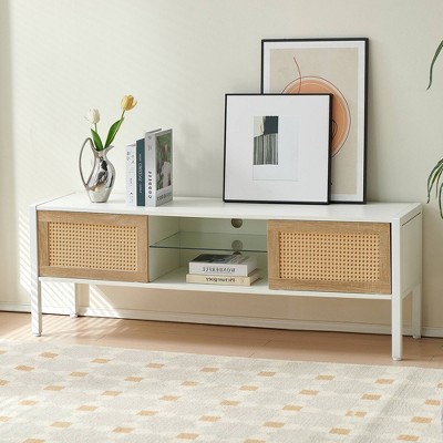Xiyuyeu Rattan Tv Stand For 57 Inch Tv With Adjustable Shelf And Double ...