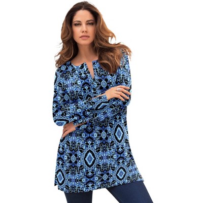 Roaman's Women's Plus Size Thermal Henley Tunic, 2x - Blue Floral ...