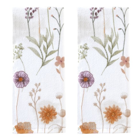 Skl Home 2pc Somerset Hand Towel Set: Cotton Dobby Velour, Floral Design, Lightweight, Machine ...