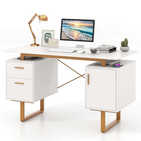 Costway 51" Home Office Desk With Floating Desktop Dual Drawers Cabinet ...