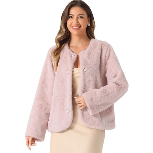 Allegra K Women's Faux Fur Long Sleeve Pockets Pearl Button Fluffy ...