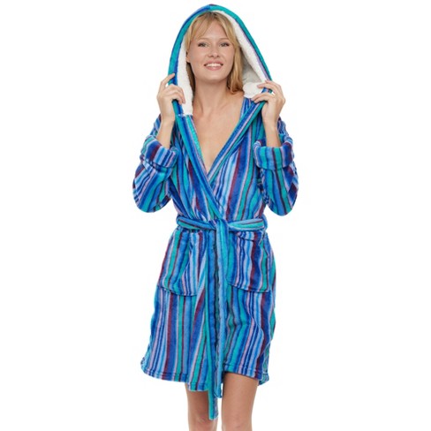 Adr Women's Hooded Plush Velour Robe With Lined Hood, Pockets The Blues ...