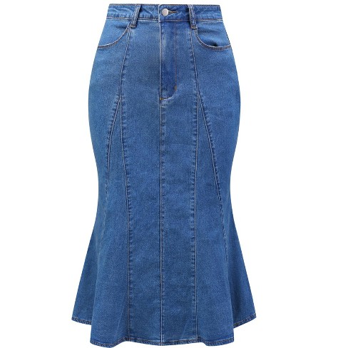 Inspire Chic Women's High Waist Fishtail Ruffle Denim Jean Skirt Blue ...