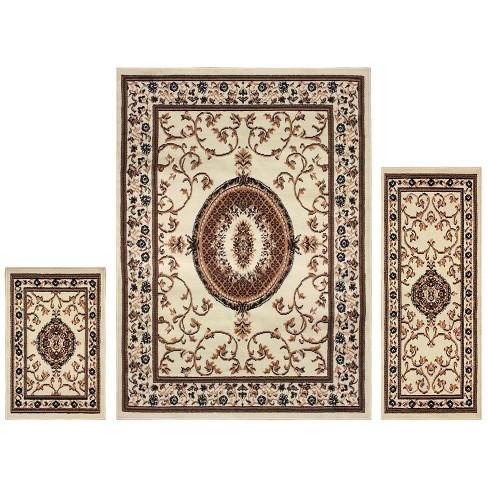 Formal Floral Scroll Vines Border 3 Piece Indoor Area Rug, Cream - Blue ...