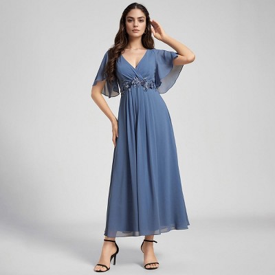Women's V Neck A-line Elastic High Waist Wedding Guest Dresses, Dusty ...