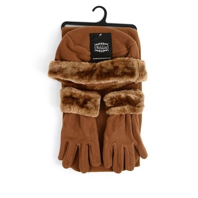 Women's Brown Solid Fleece 3-piece Gloves Scarf Hat Winter Set : Target