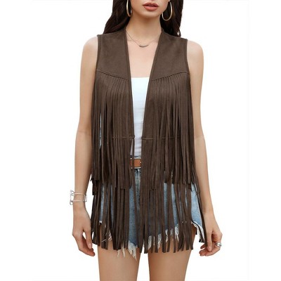 Whizmax Women's Tassel Vest Hippie Faux Suede Rivets Sleeveless Costume Fringe Jacket Apricot M ...