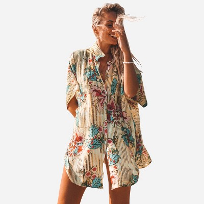 Women's Floral Stripe Buttoned Short Sleeve Above Knee Length Cover Up ...