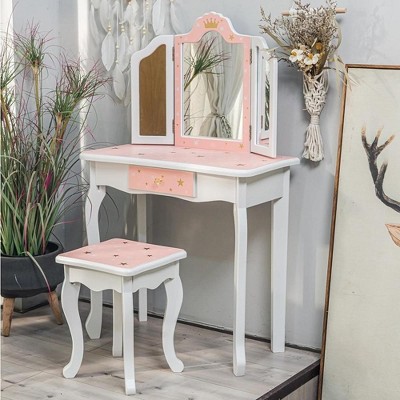 Kids Vanity Set With Mirror And Stool, Wooden Girls Makeup Playset ...