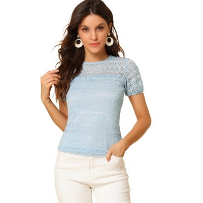 Allegra K Women's Slim Fit Puff Sleeve Embroidery Lace Tops : Target