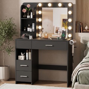 35" Vanity Desk with LED Lighted Mirror, 3 Lighting Colors Makeup ...