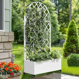 Planter Box with Trellis, Mobile Raised Garden Bed with Lockable Wheels ...