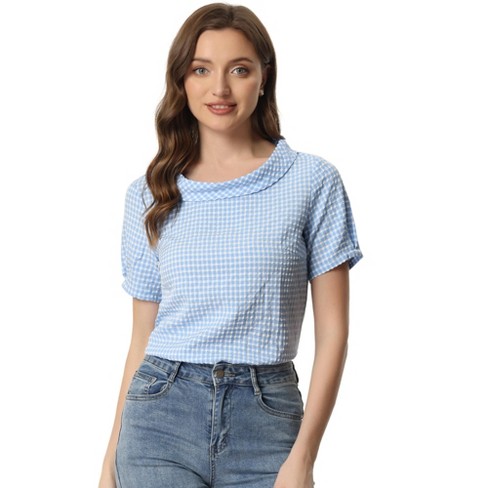 Allegra K Women's 1950s Round Neck Short Sleeve Gingham Tops Blue Large ...