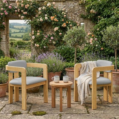 Set of 2 Outdoor Acacia Wood Dining Chairs with Beige Cushions, Modern ...