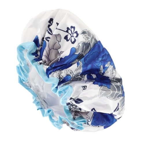 Unique Bargains Women Double Layer Flowers Shower Cap Blue White 1 Pc ...