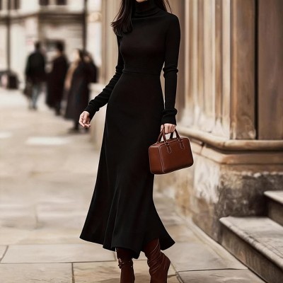 Women‘s Turtleneck Ribbed Knit Long Sleeve Bodycon Dress : Target