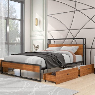 King Hiro Wood Expandable Bed Frame Walnut - Baxton Studio : Target