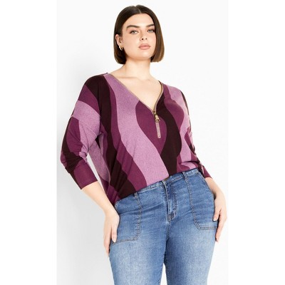 Women's Plus Size Lina Zip Print Top - Plum | Zim & Zoe : Target