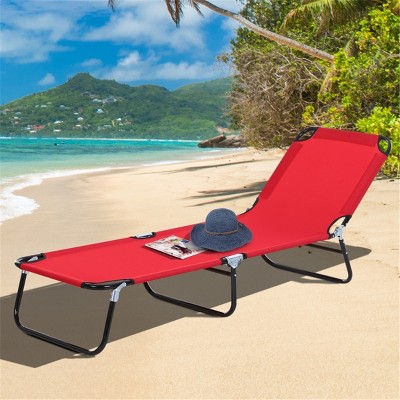 Folding Sun Lounger Chair, Red Outdoor Beach Lounge Chair with 5 ...