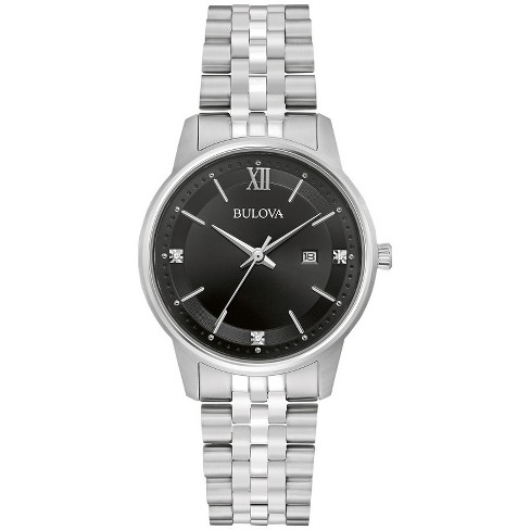 Bulova Ladies' Classic Crystal Accent Silver Tone Stainless Steel Watch, 32mm, Black Dial : Target