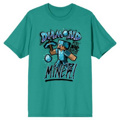 Minecraft Diamond Miner Wielding Pickaxe Men's Bright Aqua Graphic Tee ...