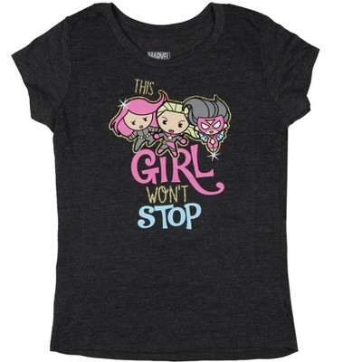 Marvel Girls' This Girl Won't Stop Chibi Superheroes Glitter T-shirt (m ...