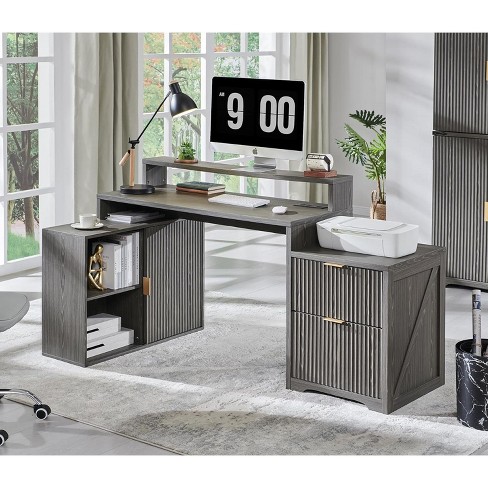 Modern 67" L-shaped Desk With Storage Cabinet & Drawers, Wood Home ...