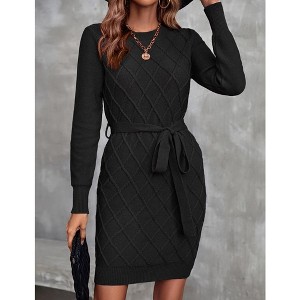 Women's Long Sleeve Tie Waist Slim Fit Sweater Dress Crewneck Fall ...