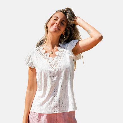 Women's White Eyelet Lace Flutter Sleeve Blouse - Cupshe-l-white : Target