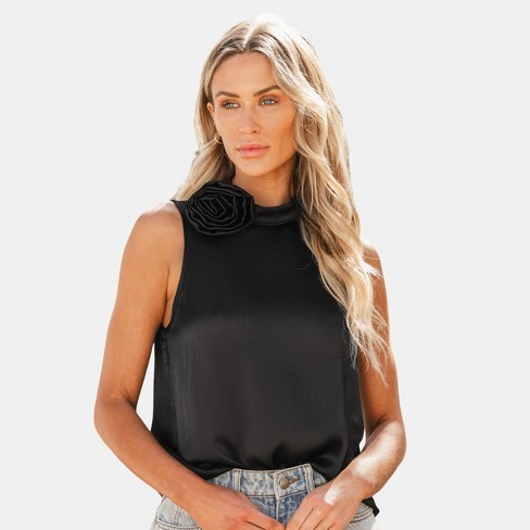 Women's Black Sleeveless Standing Collar Tank Top - Cupshe : Target