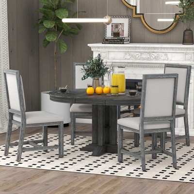 5-piece Dining Set With Extendable Round Table And 4 Upholstered Chairs ...