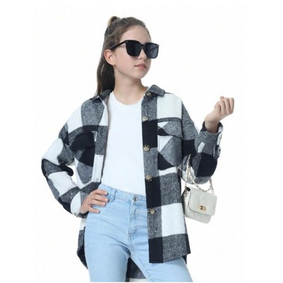 Mocamel Girl's Long Sleeve Colorblock Plaid Jacket Casual Collar Shirt ...