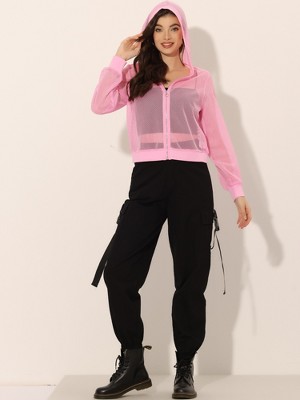 Allegra K Women's Zip Up Long Sleeve Mesh Sheer Hoodie Bomber Jackets ...