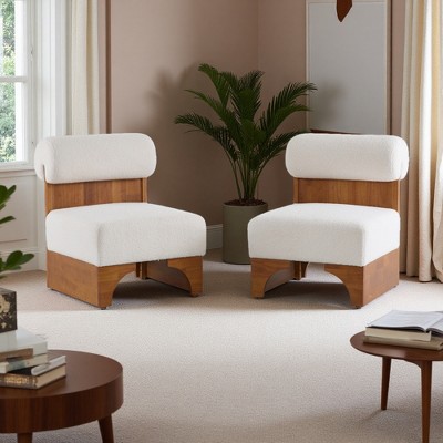 Boucle Modern Lounge Chairs Set of 2 with Rolled Backrest and Solid ...