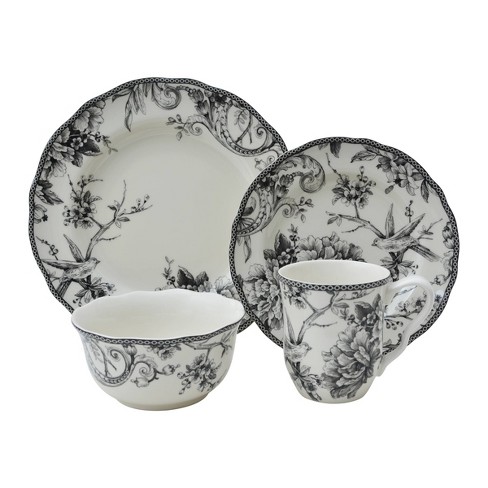 16pc Porcelain Adelaide Dinnerware Set Black - 222 Fifth: Floral Round ...