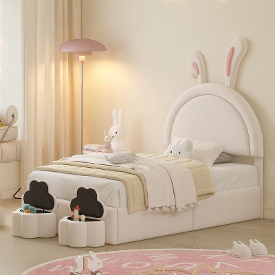 Twin Size Velvet Upholstered Rabbit-shape Bed With 2 Storage Stools ...