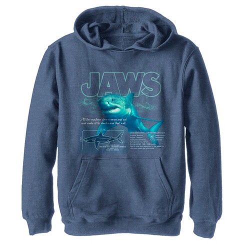 Boy's Jaws Shark Blueprint Pull Over Hoodie - Navy Blue Heather - Small ...