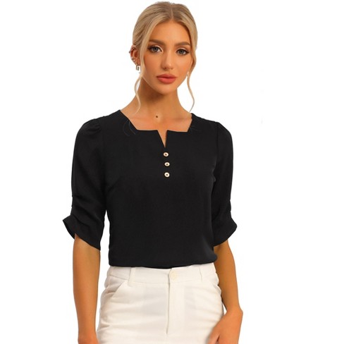 Allegra K Women's Square Split Neck Pleated Short Sleeve Office Work ...