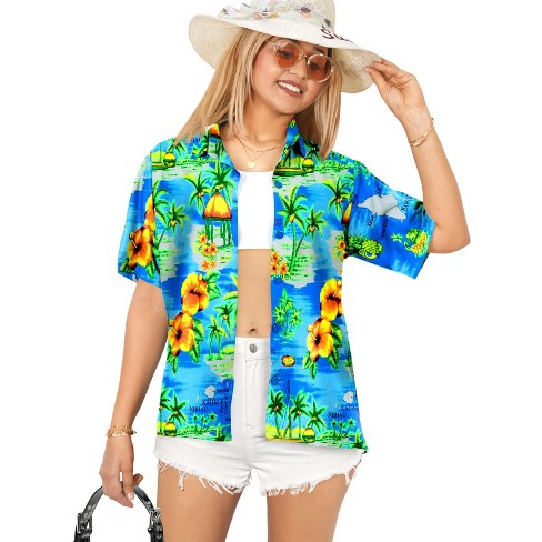 La Leela Women's Button Down Blouses Floral Summer Beach Party Shirt Short Sleeve Vacation Tops ...