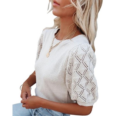 Womens Short Sleeve Lightweight Sweaters Crewneck Knit Pullover Tops ...