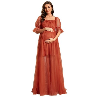 Tulle Off-shoulder Double Skirt Floor Length Maternity Dress, Burnt ...